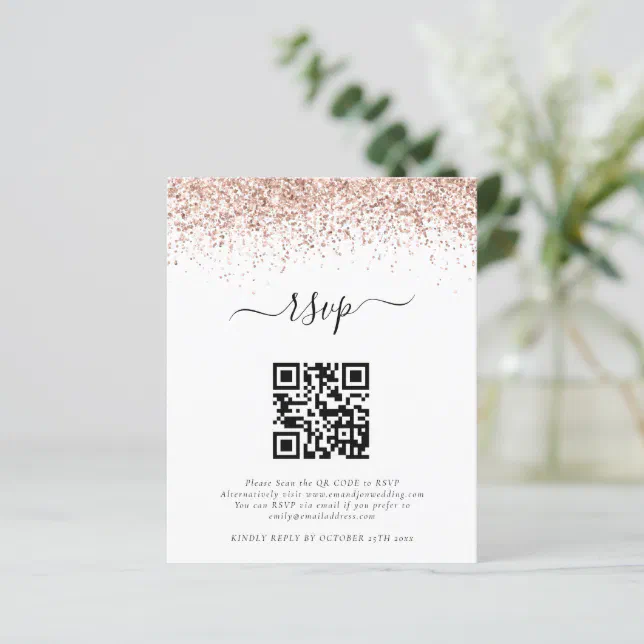 Budget Rose Gold Glitter QR Code Wedding RSVP | Zazzle