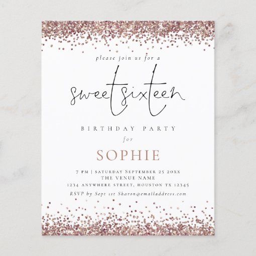 Budget Rose Gold Glitter Sweet 16 Party Invite Zazzle
