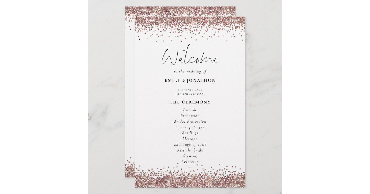 Budget Rose Gold Glitter Wedding Program White | Zazzle