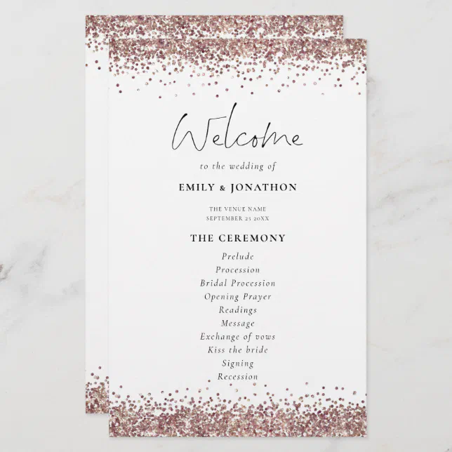 Budget Rose Gold Glitter Wedding Program White | Zazzle