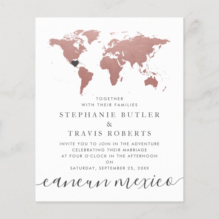 Budget Rose Gold Pink Map Destination Wedding | Zazzle.com