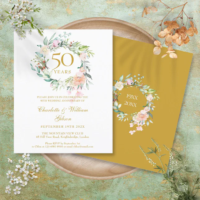 Budget Roses Garland 50th Anniversary Invitation | Zazzle