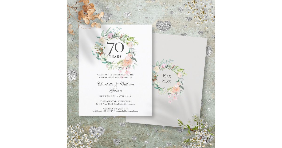 Budget Roses Garland 70th Anniversary Invitation | Zazzle