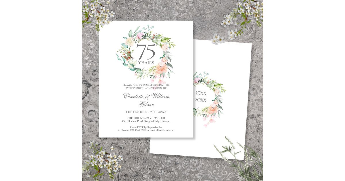 Budget Roses Garland 75th Anniversary Invitation | Zazzle