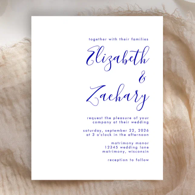 Budget Royal Blue Script Wedding Invitation | Zazzle