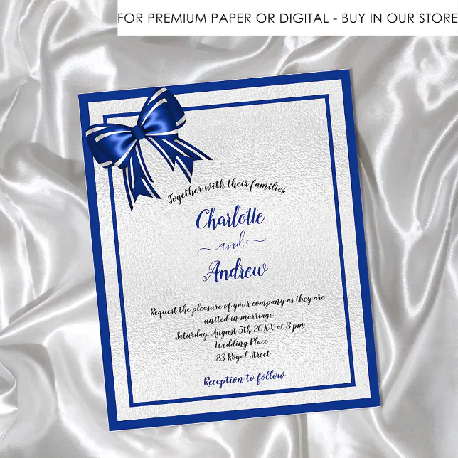 Budget royal blue silver bow wedding invitation | Zazzle