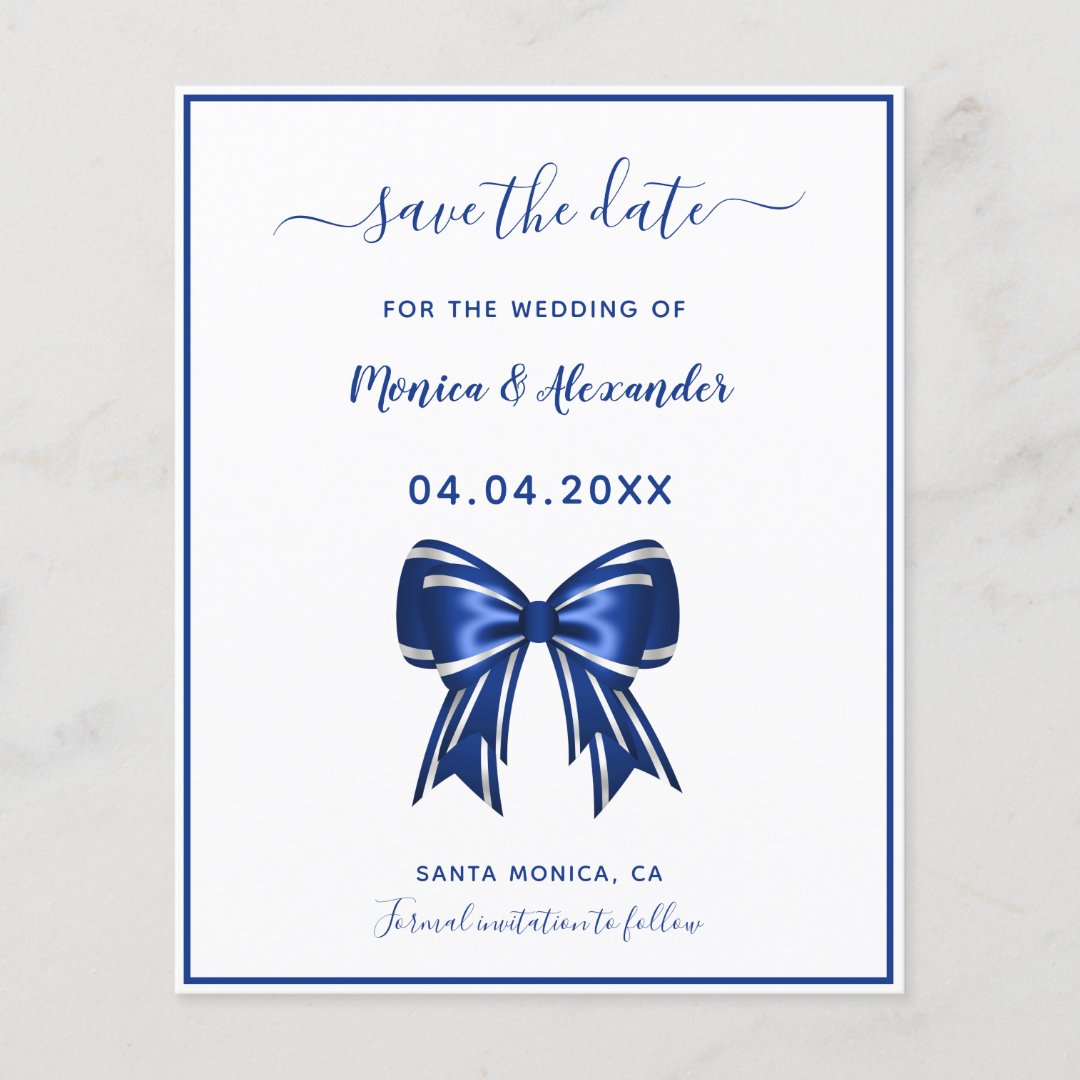 Budget royal blue white bow wedding Save the Date | Zazzle
