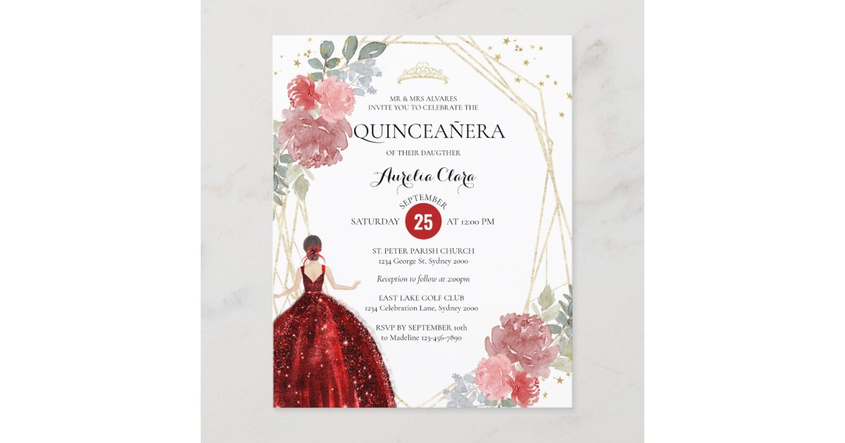 Budget Ruby Red Floral Geometric Quinceañera | Zazzle