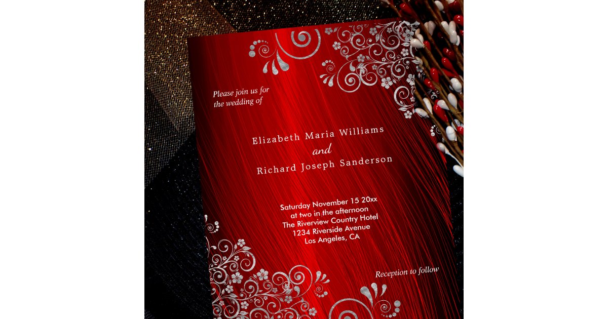 Budget Ruby Red Gray Swirls Wedding Invitation | Zazzle