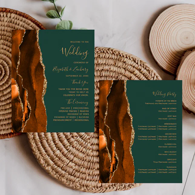 Budget Rust Agate Dark Green Wedding Program | Zazzle
