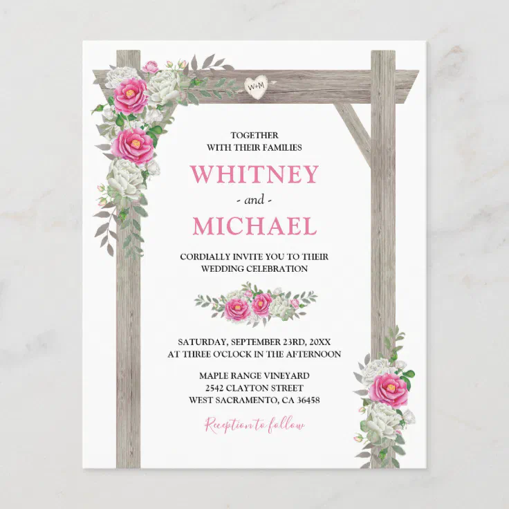 Budget Rustic Arch Pink Floral Wedding Invitation | Zazzle