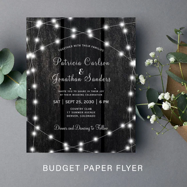 Budget rustic barn wood lights wedding invitation flyer | Zazzle