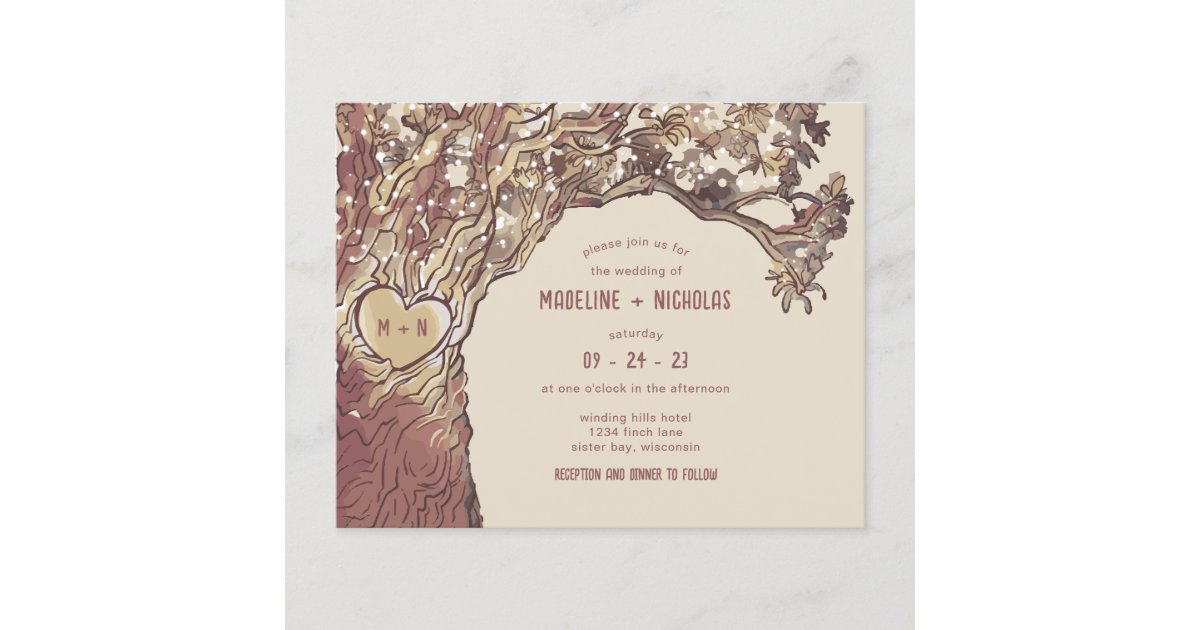 BUDGET Rustic Carved Heart Tree Wedding Invitation | Zazzle