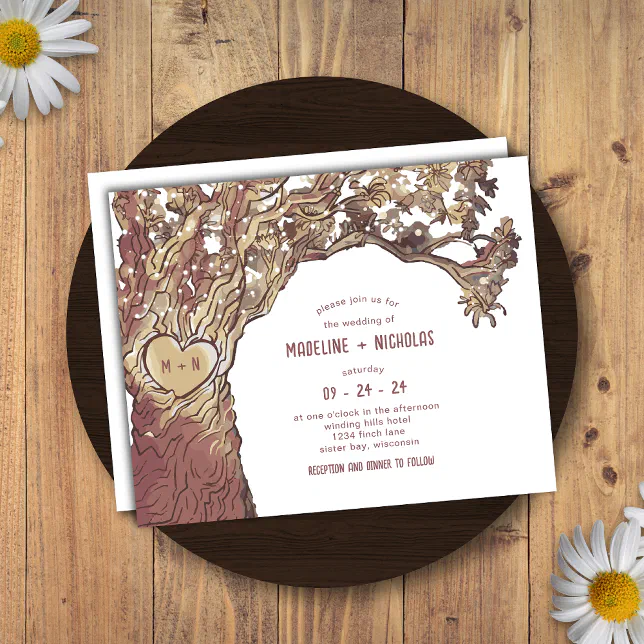 BUDGET Rustic Carved Oak Tree Wedding Invitation | Zazzle