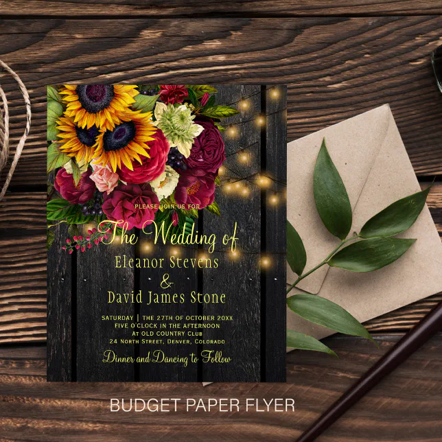 Budget rustic country sunflower roses wood wedding flyer | Zazzle