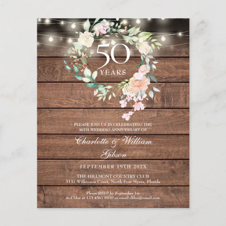Budget Rustic Floral 50th Anniversary Invitation | Zazzle