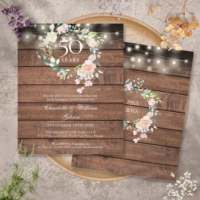 Budget Rustic Floral 50th Anniversary Invitation | Zazzle