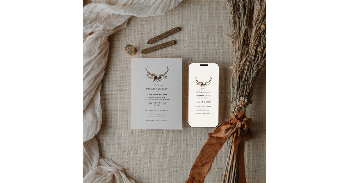 budget Rustic floral stag antlers wedding invite | Zazzle