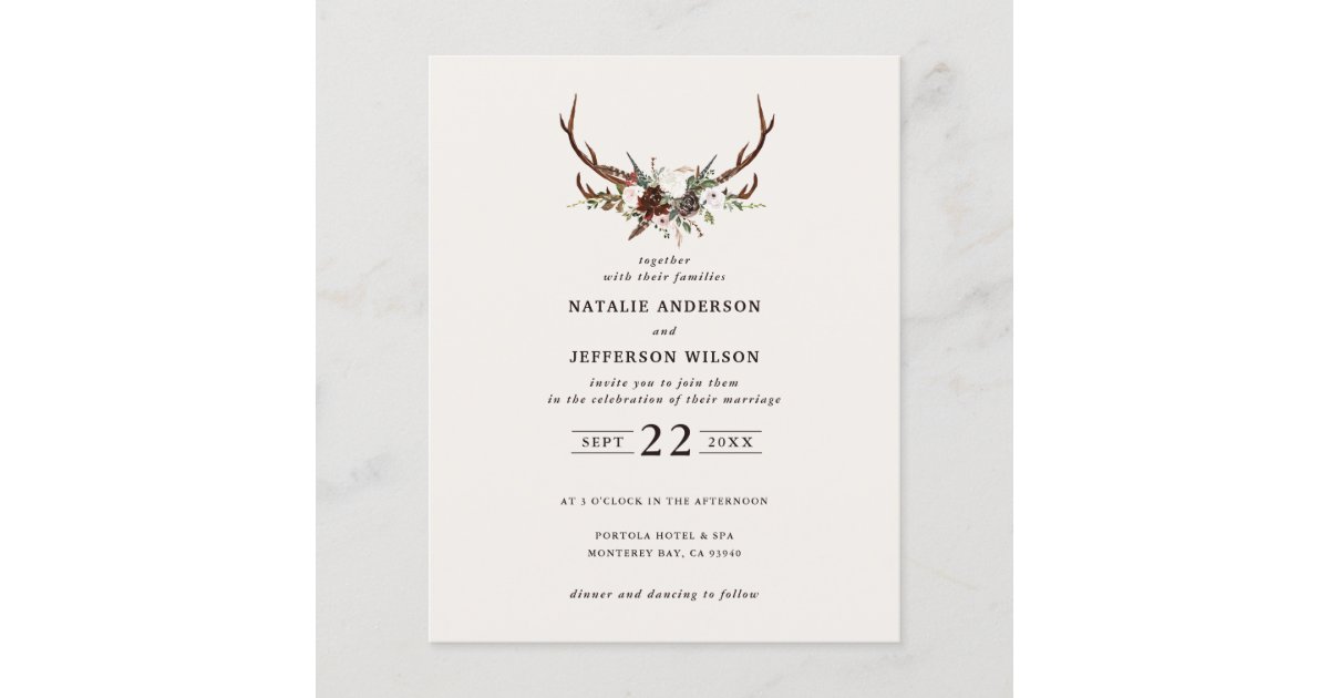budget Rustic floral stag antlers wedding invite Flyer | Zazzle