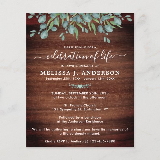 Budget Rustic Funeral Celebration Of Life Invite | Zazzle