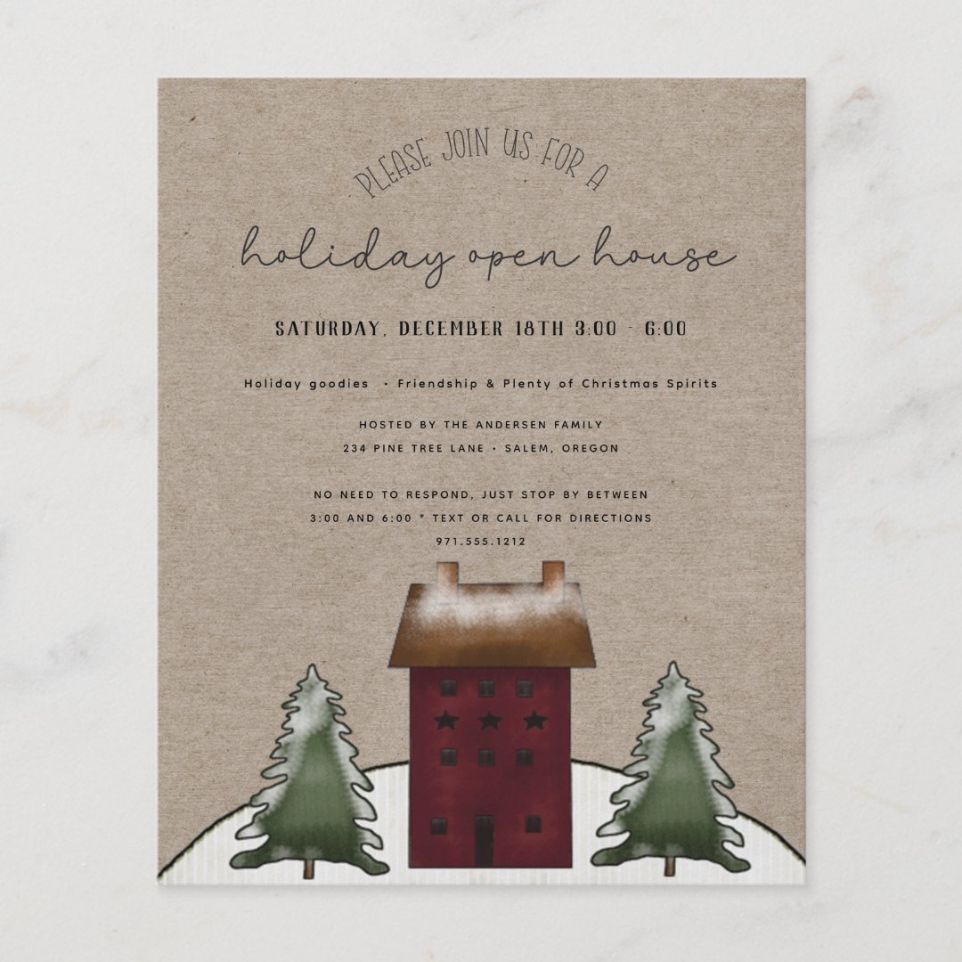 Budget Rustic Holiday Open House Invitation Flyer | Zazzle