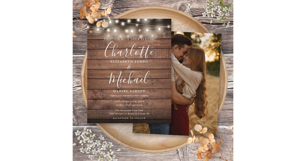 Budget Rustic Lights Photo Wedding Invitation | Zazzle