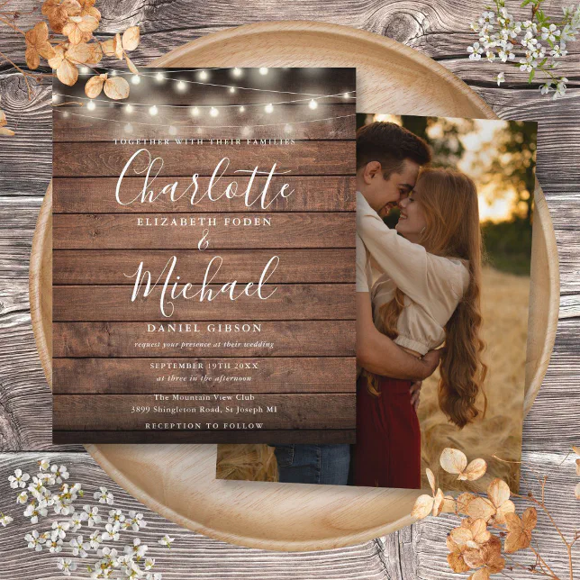 Budget Rustic Lights Photo Wedding Invitation | Zazzle