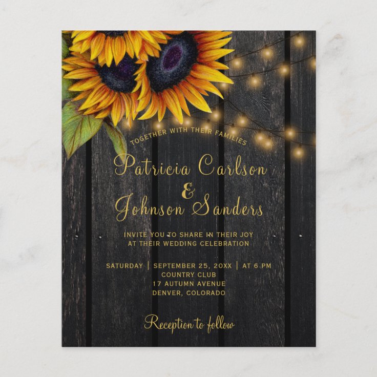 Budget rustic lights sunflower wedding invitation flyer | Zazzle