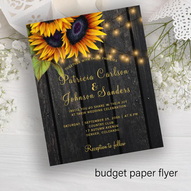 Budget rustic lights sunflower wedding invitation flyer | Zazzle