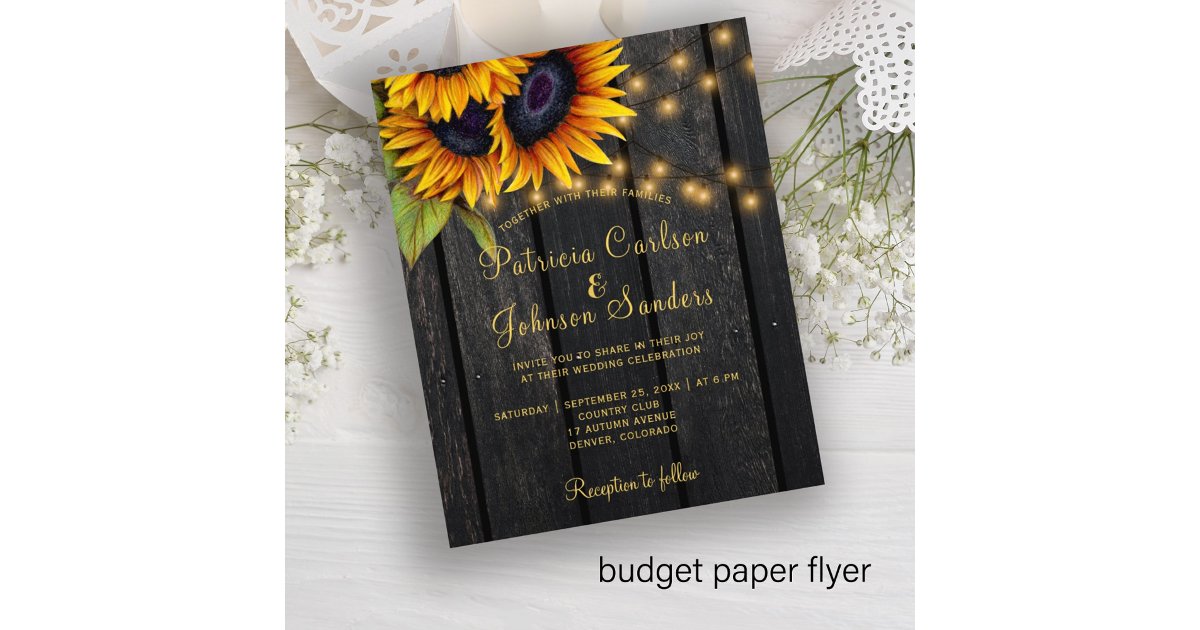 Budget rustic lights sunflower wedding invitation flyer | Zazzle