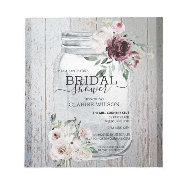 BUDGET Rustic Mason Jar Bridal Shower Invitation Notepad | Zazzle