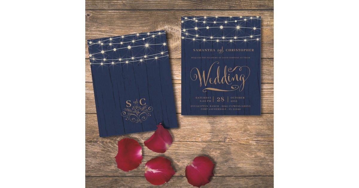 Budget Rustic Navy Blue String Lights Wedding | Zazzle
