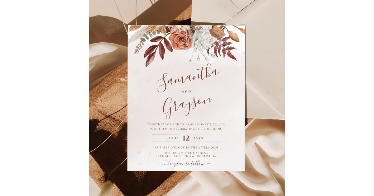 Budget Rustic Neutral Boho Floral Wedding Invite | Zazzle