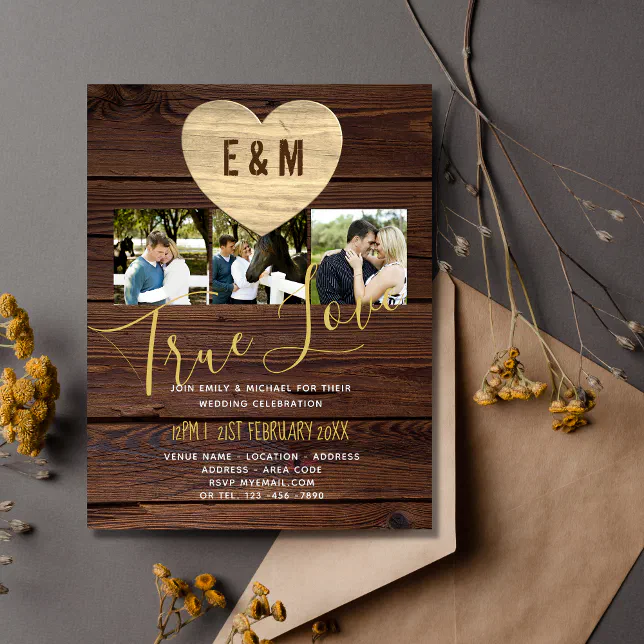 Budget Rustic Photo Collage Wedding Invitations | Zazzle
