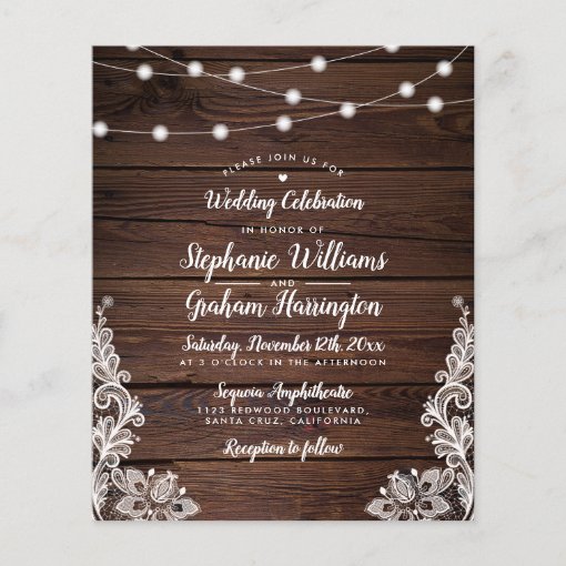 Budget Rustic Script String Lights & Lace Wedding | Zazzle