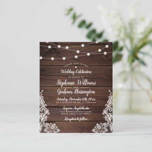 Budget Rustic Script String Lights & Lace Wedding | Zazzle