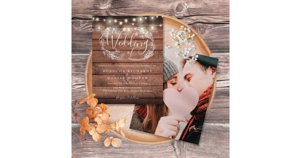 Budget Rustic String Light Photo Wedding Invite | Zazzle