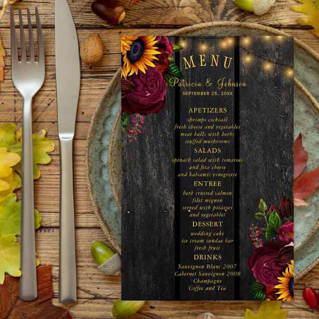 Budget rustic sunflower and roses wedding menu flyer | Zazzle