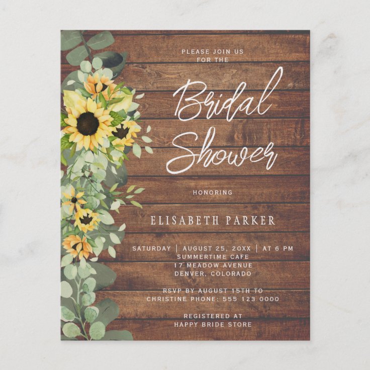 Budget rustic sunflower bridal shower invitation flyer | Zazzle