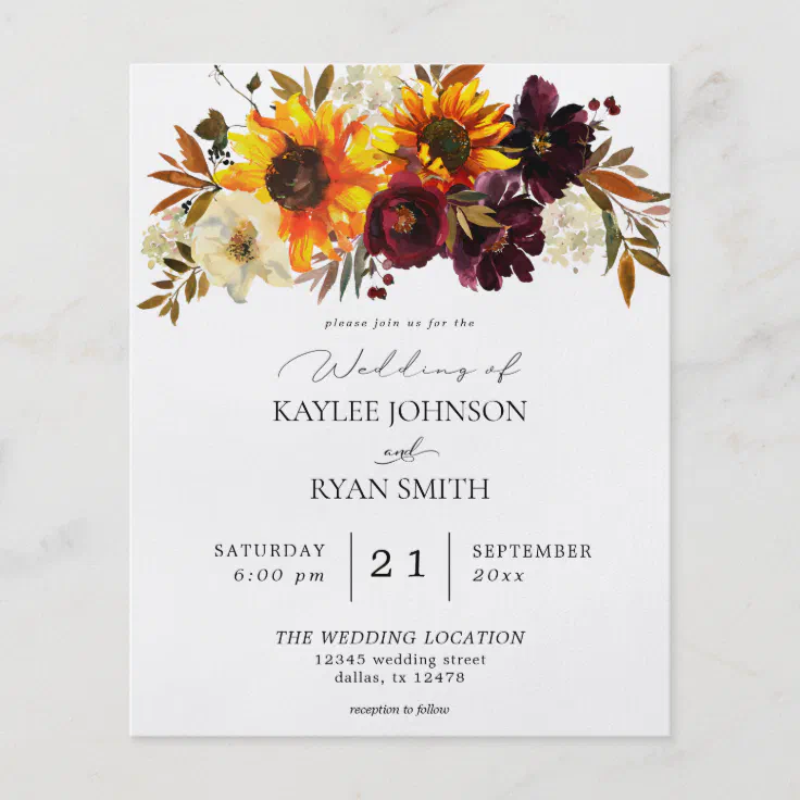 Budget Rustic Sunflower & Burgundy Floral Wedding Flyer | Zazzle