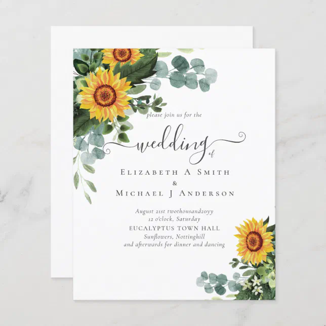 BUDGET Rustic Sunflowers Eucalyptus Leaves Wedding | Zazzle