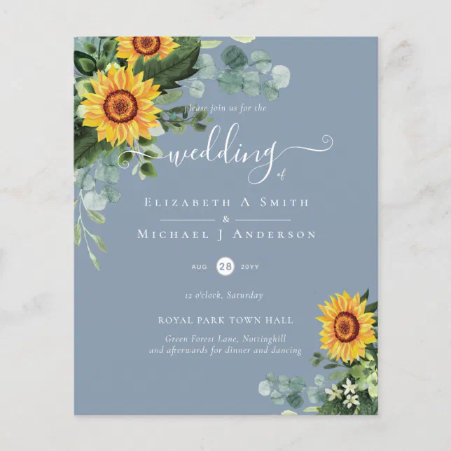 BUDGET Rustic Sunflowers Eucalyptus Leaves Wedding Flyer | Zazzle