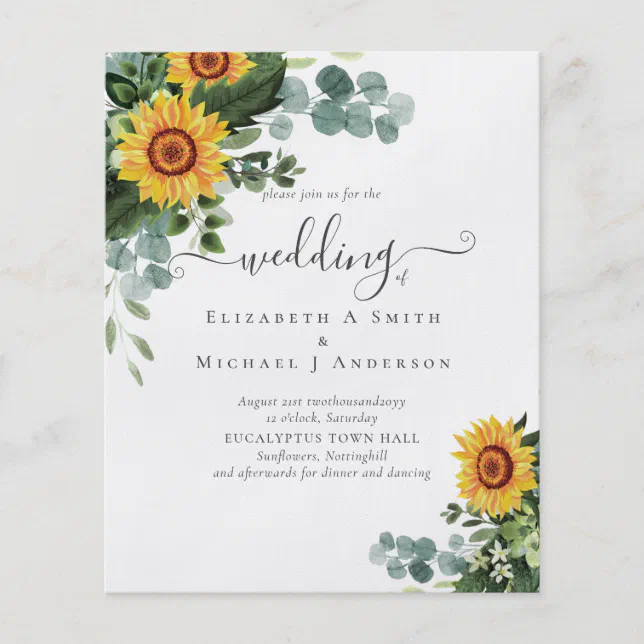 BUDGET Rustic Sunflowers Eucalyptus Leaves Wedding Flyer | Zazzle