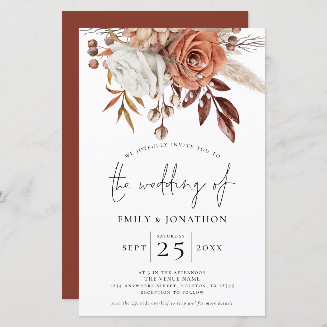 Budget Rustic Terracotta Florals QR Wedding Invite | Zazzle