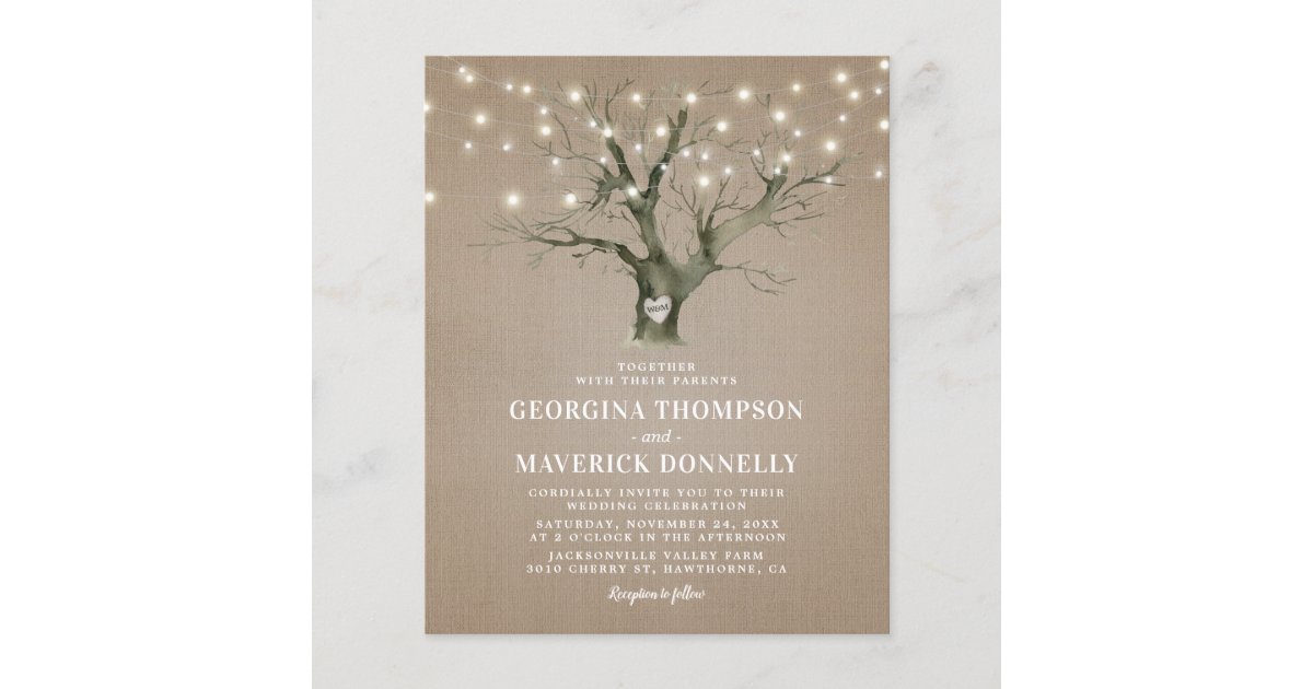 Budget Rustic Tree Lights Wedding Invitation | Zazzle