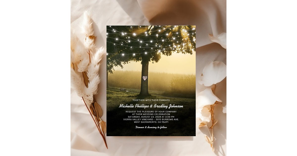 Budget Rustic Tree Lights Wedding Invitation | Zazzle