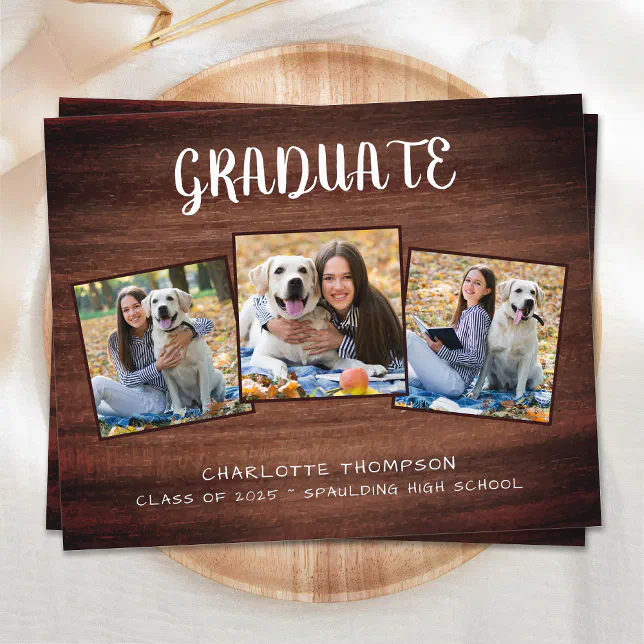 Budget Rustic Wood 3 Photo Graduation Announcement | Zazzle