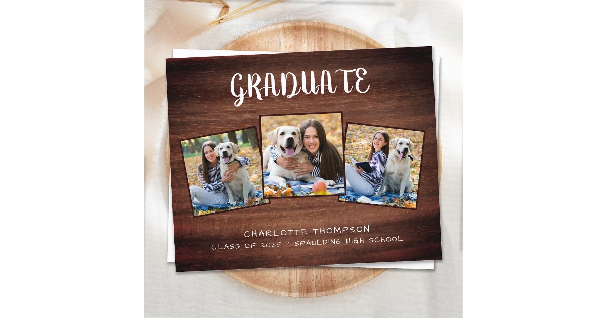 Budget Rustic Wood 3 Photo Graduation Announcement | Zazzle