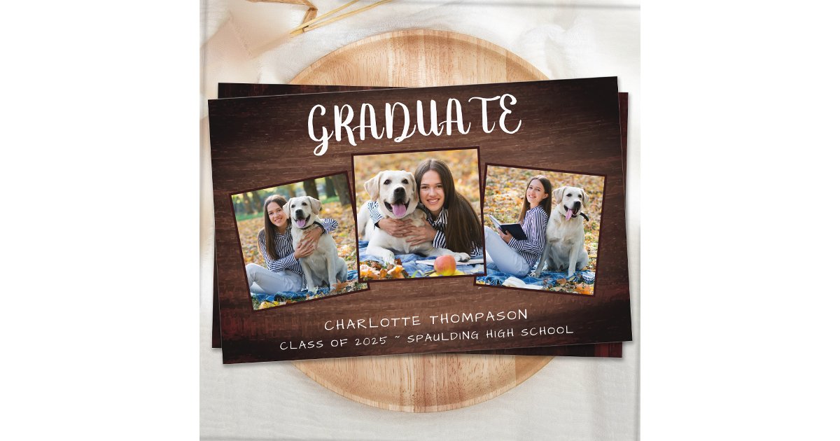 Budget Rustic Wood 3 Photo Graduation Announcement | Zazzle