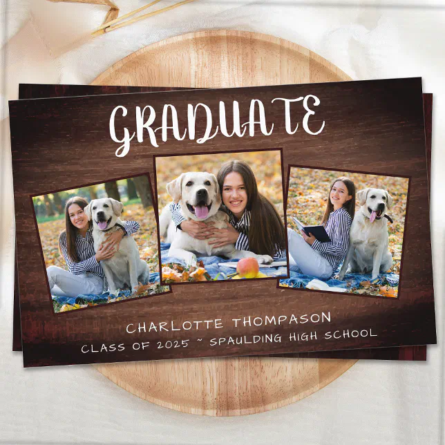 Budget Rustic Wood 3 Photo Graduation Announcement | Zazzle